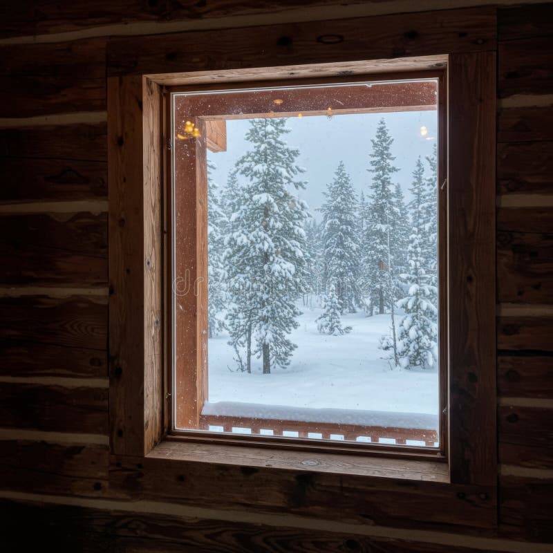 Snowy Forest View from Rustic Cabin Window Stock Photo - Image of ...