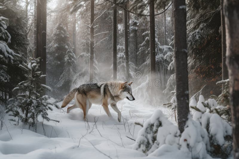 Snowy Forest with Wolf Running through the Trees Stock Illustration ...