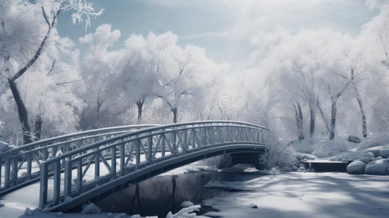 A Snowy, Frosty Winter Walking Bridge Stock Illustration - Illustration ...