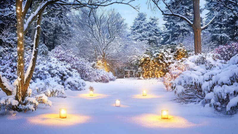 Snowy Garden Path Lit by Lanterns at Twilight Stock Photo - Image of ...
