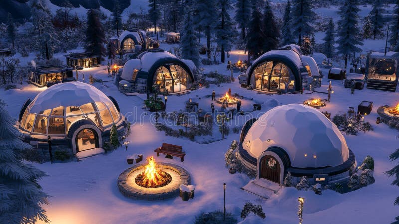 Snowy Geodesic Dome Village with Fire Pit Stock Illustration ...