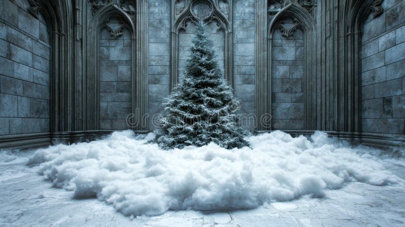 Snowy Gothic Cathedral Interior with Christmas Tree Stock Illustration ...