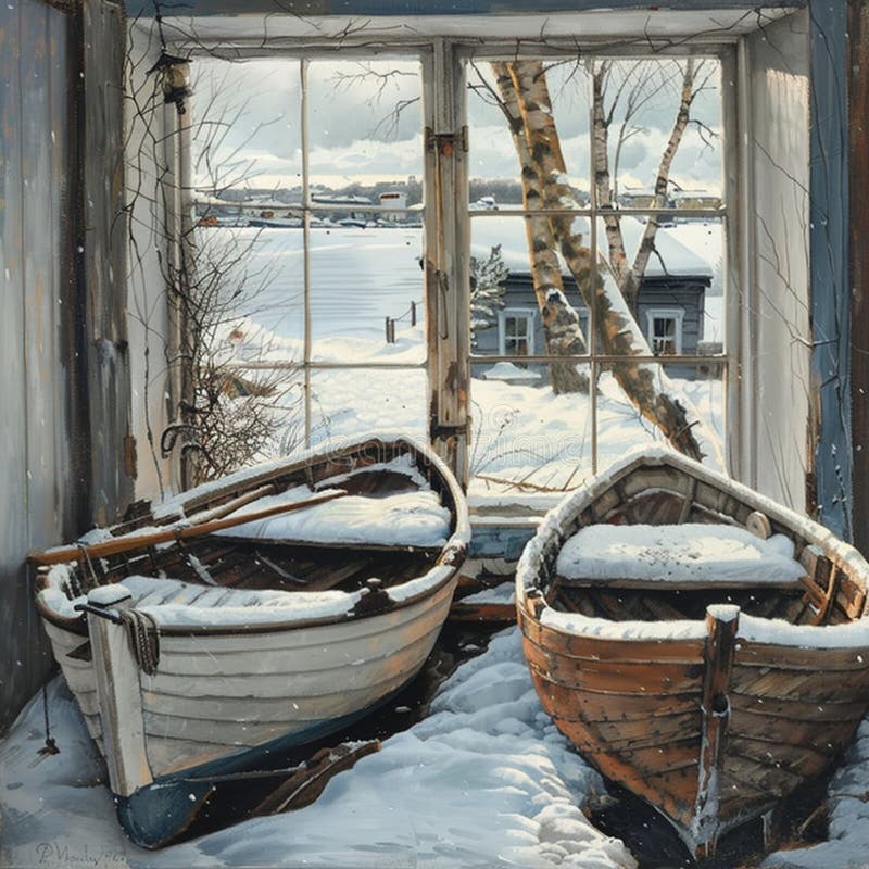 Snowy Harbor Scene with Boats Docked Near a Window Stock Illustration ...