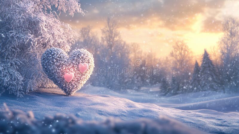 Snowy Heart Shape Decorated with Pink Hearts at Sunset Stock ...