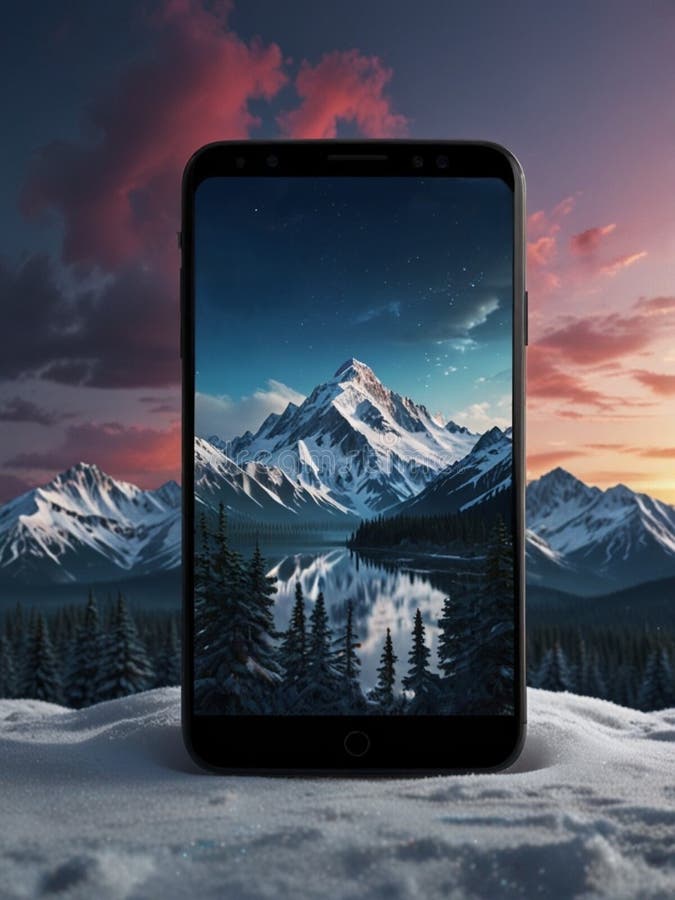 Snowy High Mountains through the Phone Screen Stock Illustration ...