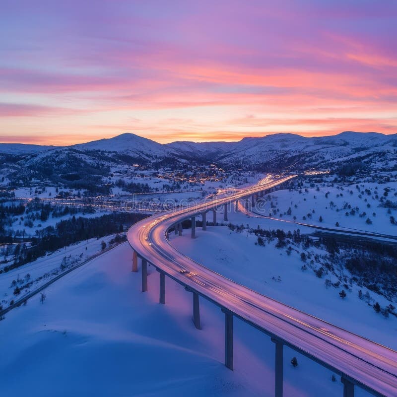 Snowy Highway at Sunset stock illustration. Illustration of snow ...