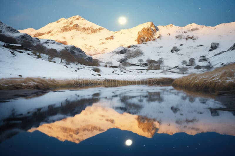 Snowy Hills Reflecting Moonlight Stock Photo - Image of generated ...