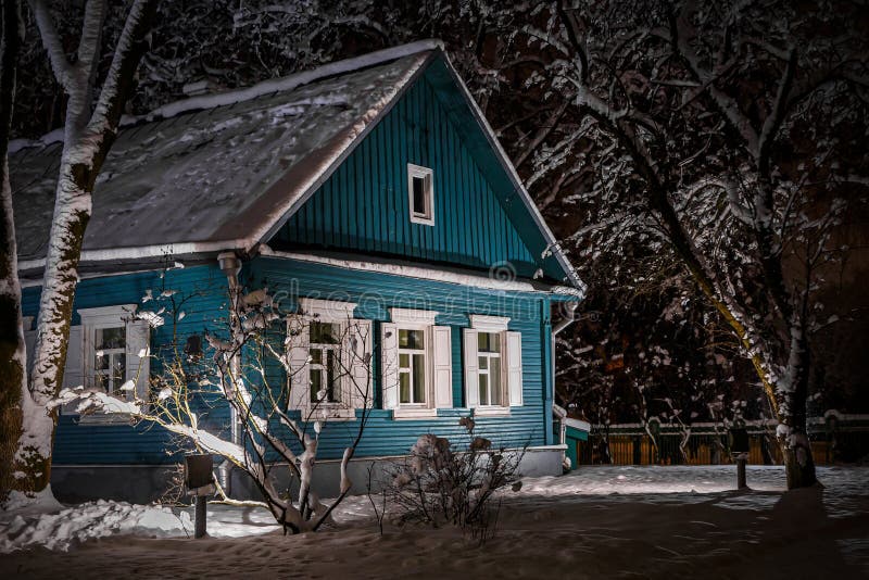 Snowy House in the Village. Winter at Night Stock Image - Image of home ...
