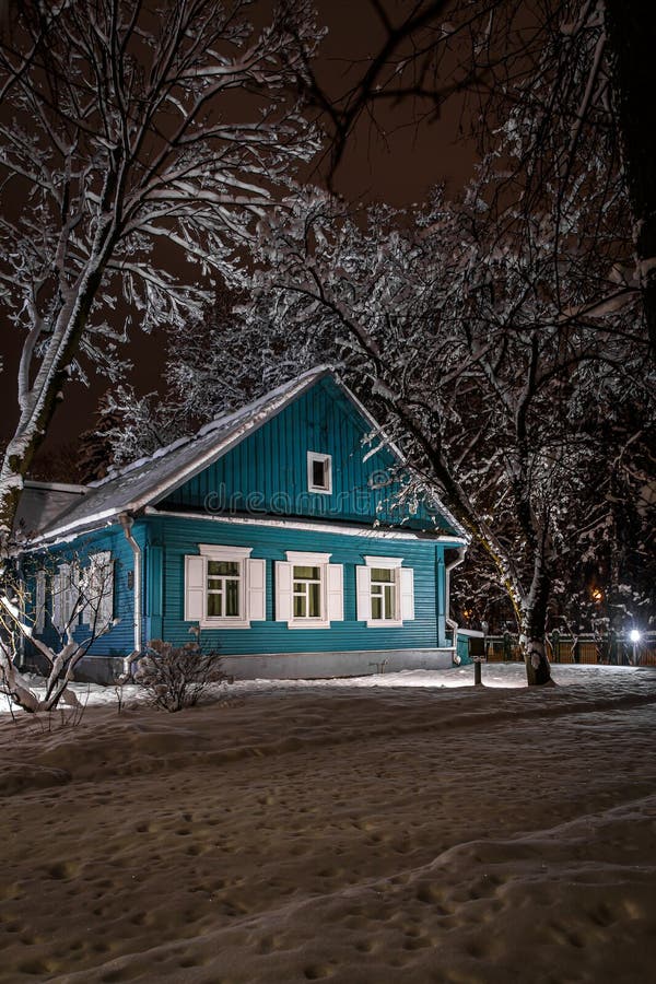 Snowy House in the Village. Winter at Night Stock Image - Image of ...