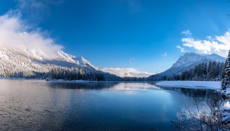 Snowy Lake Reflection stock illustration. Illustration of calm - 333987247