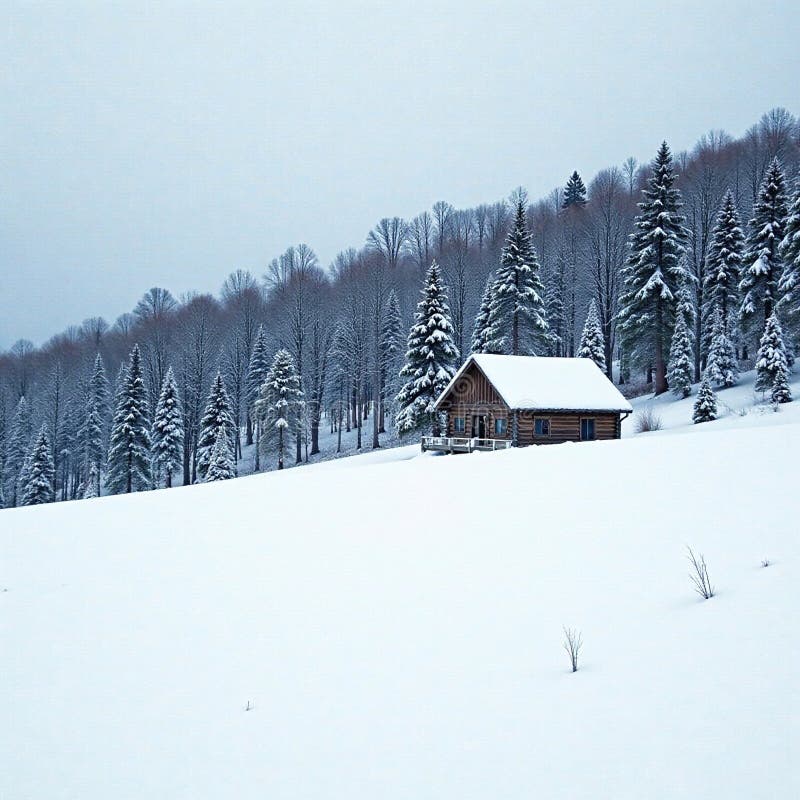 Snowy Landscape with Bare Trees and a Distant Cabin Serene Empty White ...