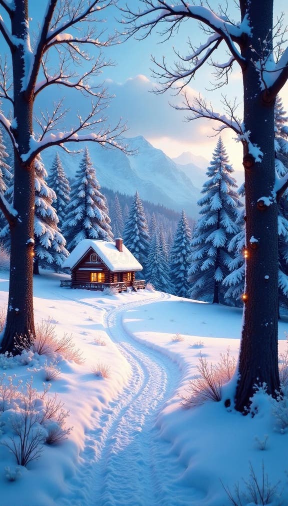 Snowy Landscape with Bare Trees and a Distant Cabin, Tree, Festive ...