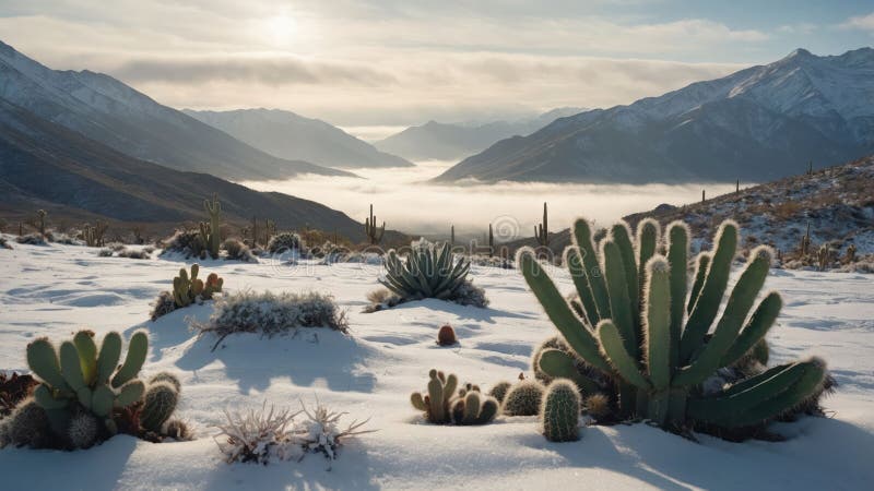 Stunning Desert Cactus Landscape in Winter Snow Stock Illustration ...