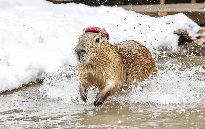 A Capybara Splashes Playfully through Icy Water while Wearing a Festive ...