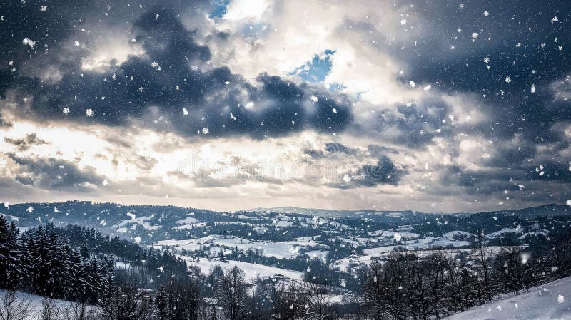 Snowy Landscape with Dramatic Sky, Hills, and Trees Stock Photo - Image ...