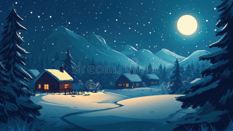 Snowy Landscape Featuring Cozy Cabins Under a Starry Night Sky Stock ...
