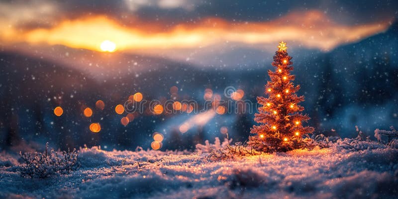 Snowy Landscape Featuring a Decorated Christmas Tree at Sunset with ...