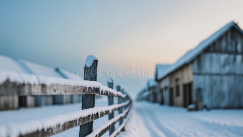 A Snowy Landscape with a Fence and a Row of Buildings Stock Photo ...