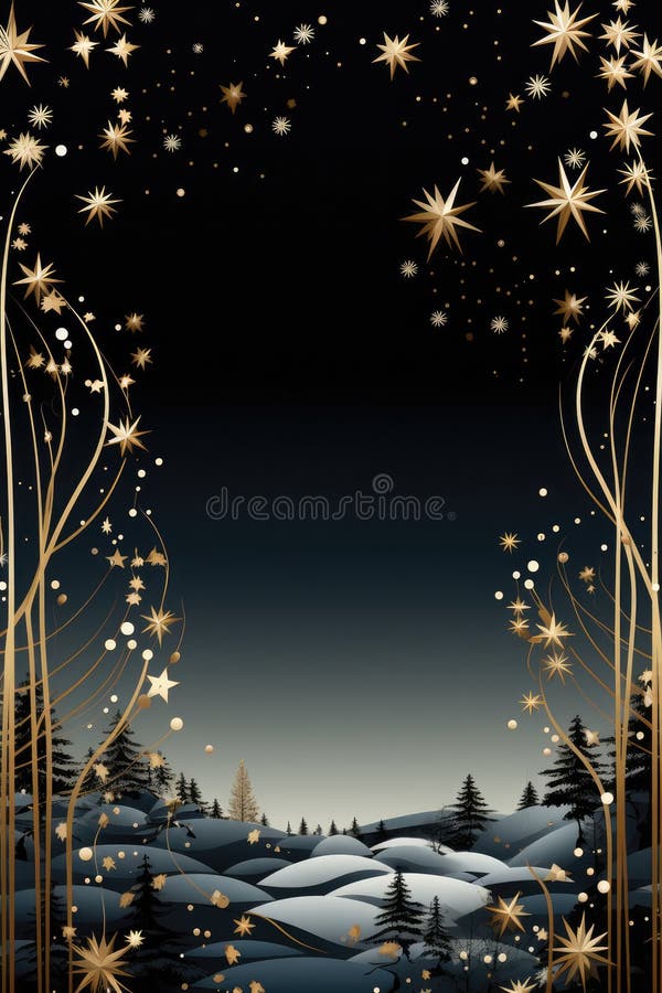A Snowy Landscape with Gold Stars and Trees Stock Illustration ...