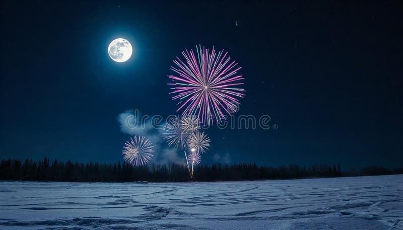 Snowy Landscape at Night with a Full Moon, Colourful Fireworks Bursting in the Sky Stock Image ...