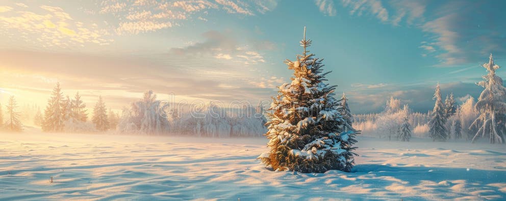 Snowy Landscape with a Single Pine Tree at Sunrise Stock Image - Image ...