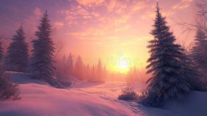 A Snowy Landscape with a Sun Setting Behind Some Trees, AI Stock Image ...