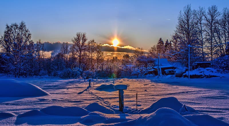 Snowy landscape at sunset stock photo. Image of scenic - 36946810