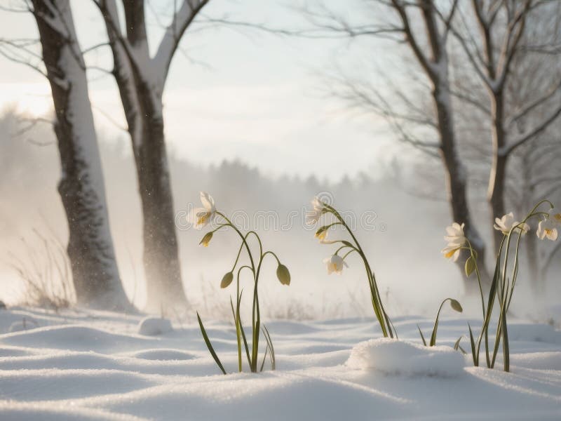 Snowy Landscape Thawing with Emerging Spring Flowers Symbolizing New ...