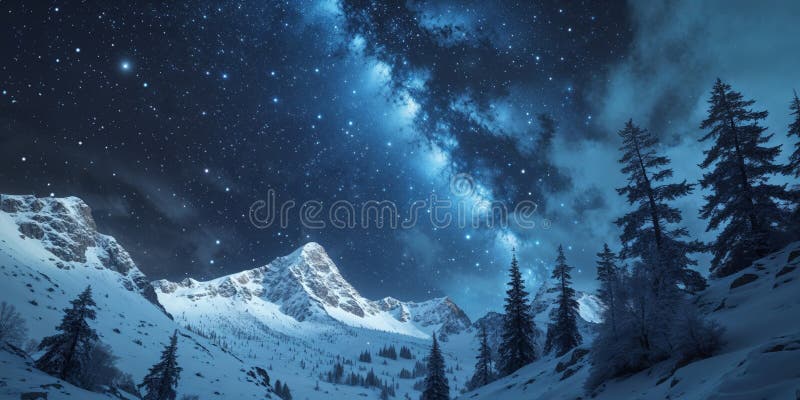 Snowy Landscape Under a Starry Night Sky Stock Image - Image of snowy ...