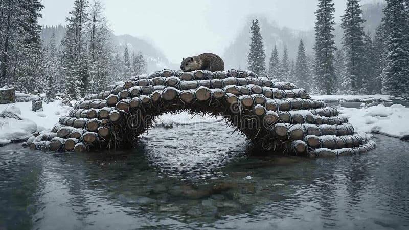 Snowy Log Bridge with a Small Animal Stock Illustration - Illustration ...