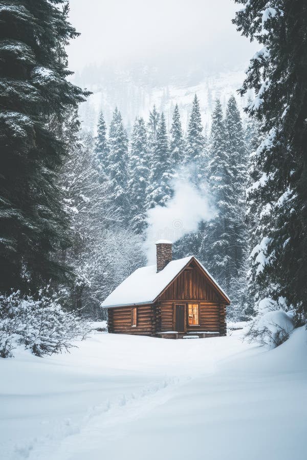 Snowy Log Cabin in Winter Forest with Smoke from Chimney Stock Photo ...