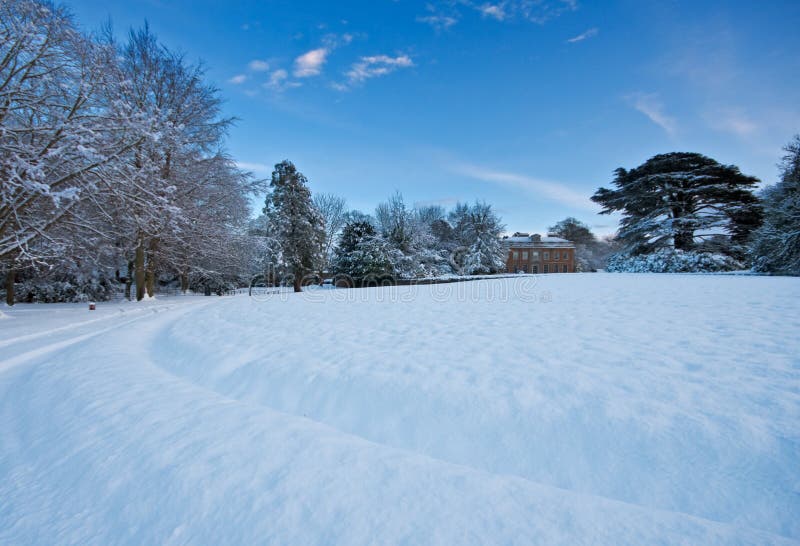 Snowy Manor House Grounds on a Winter Afternoon Stock Photo - Image of ...