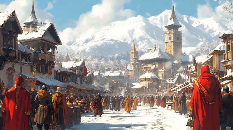 Snowy Medieval Town Market, Mountain Background Stock Illustration ...