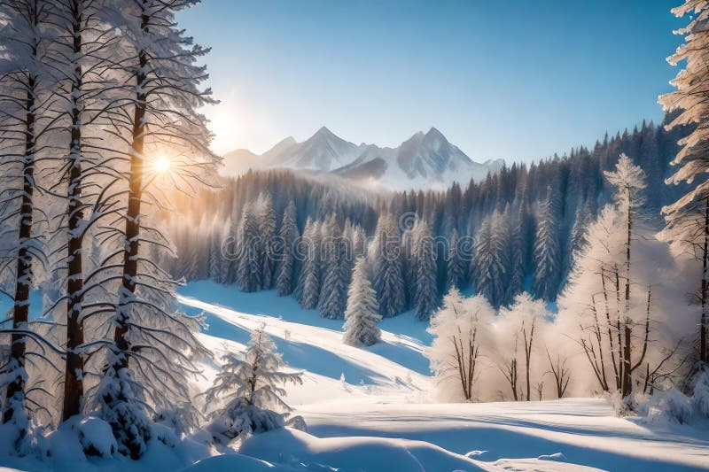 Snowy Morning in Pine Forest Stock Illustration - Illustration of frost ...