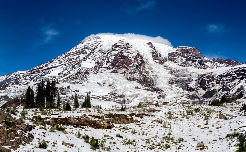 Snowy Mount Rainier with Blue Sky Stock Photo - Image of snow, outdoors ...