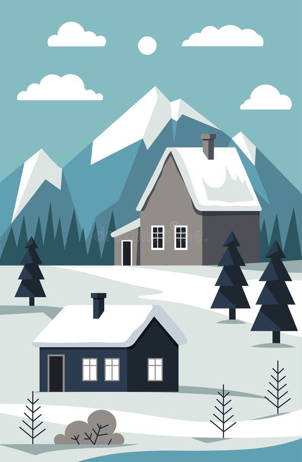 Snowy Mountain Cabin Scene Vector Stock Illustration - Illustration of ...