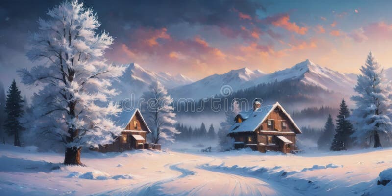 Snowy Mountain Cabin at Sunset Stock Illustration - Illustration of ...