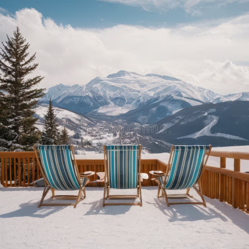 Snowy Mountain Deck with Striped Chairs and Panoramic View Stock Photo ...