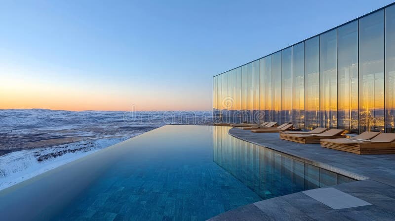 Snowy Mountain Escape Infinity Pool, Modern Architecture, and Golden ...