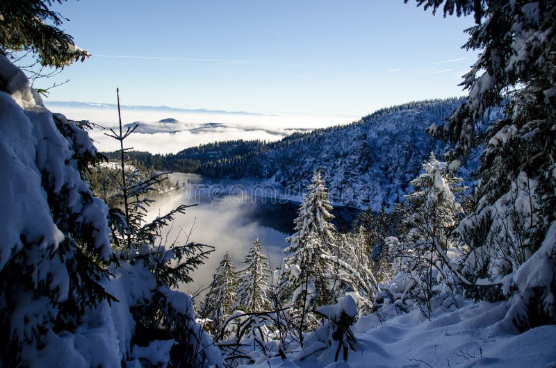 Snowy mountain lake stock image. Image of snow, seasonal - 84949605