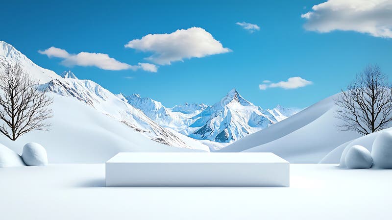 Snowy Mountain Landscape with Clear Blue Sky and White Platform in ...