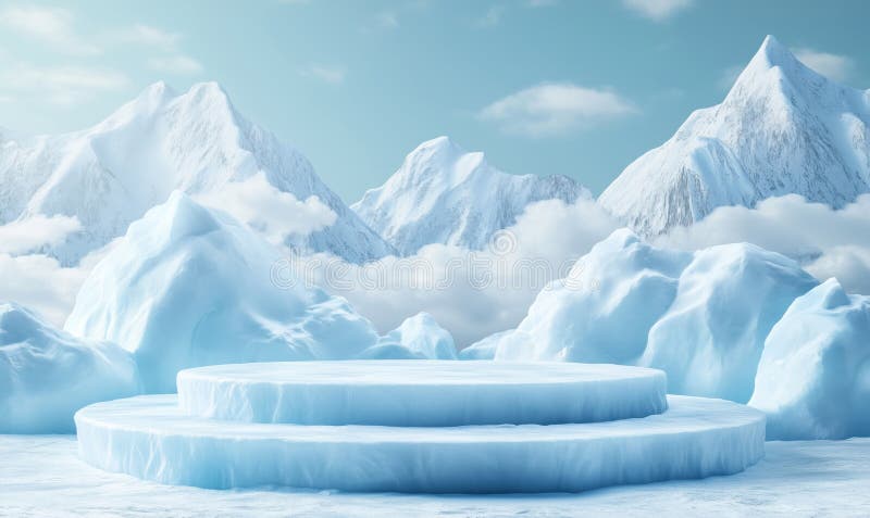 Snowy Mountain Landscape with Ice Formations, Serene Blue Sky, and ...