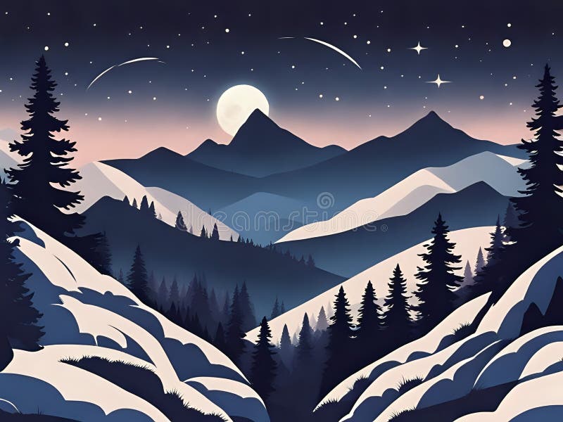 Snowy Mountain Landscape with Pine Trees and a Full Moon Stock ...