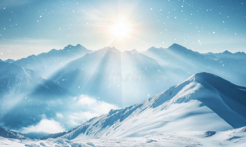 Snowy Mountain Landscape with Sun Rays and Snowfall Stock Photo - Image ...