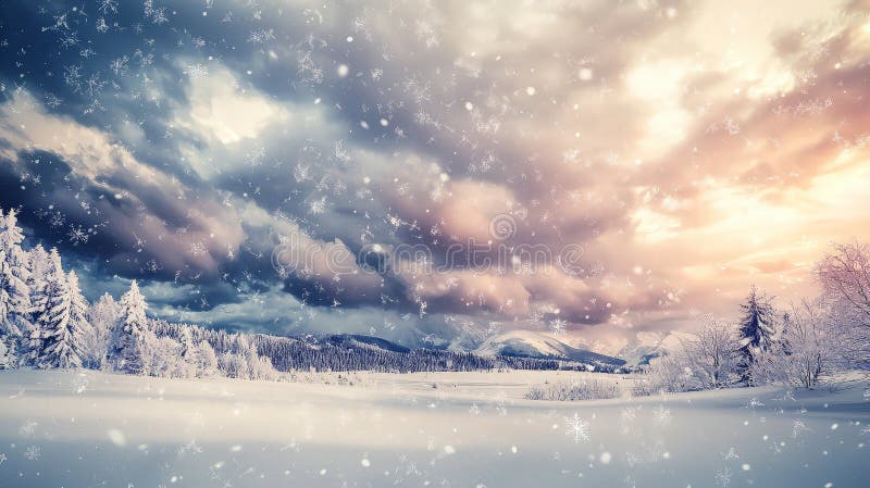 Snowy Mountain Landscape at Sunset with Falling Snow Stock Image ...