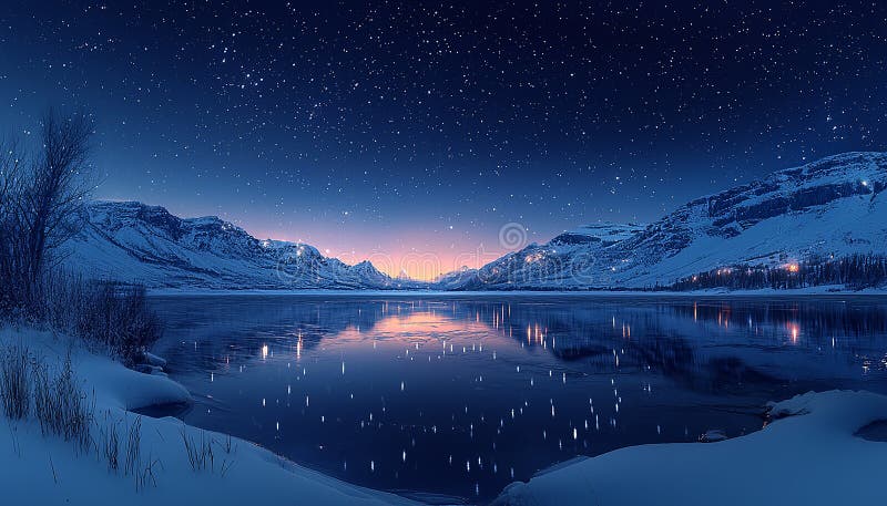 Snowy Mountain Landscape Under Starry Night Sky Generated by AI Stock ...