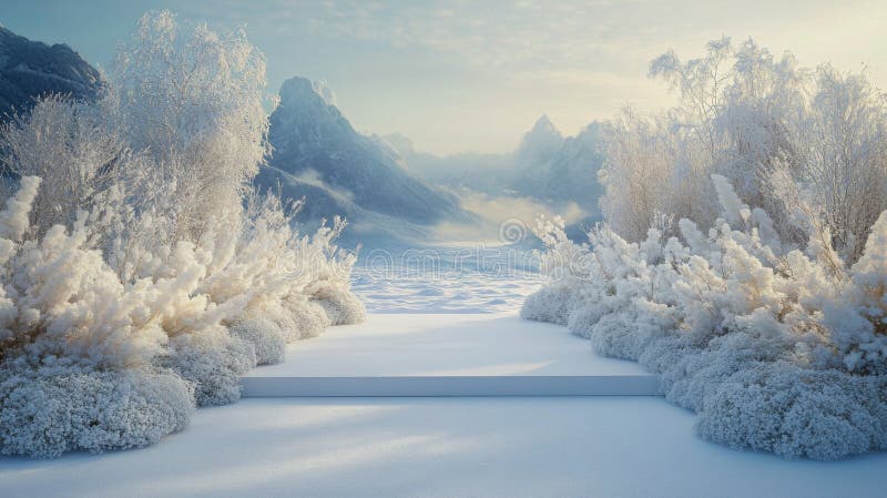 A Snowy Mountain Landscape with a White Platform Stock Illustration ...