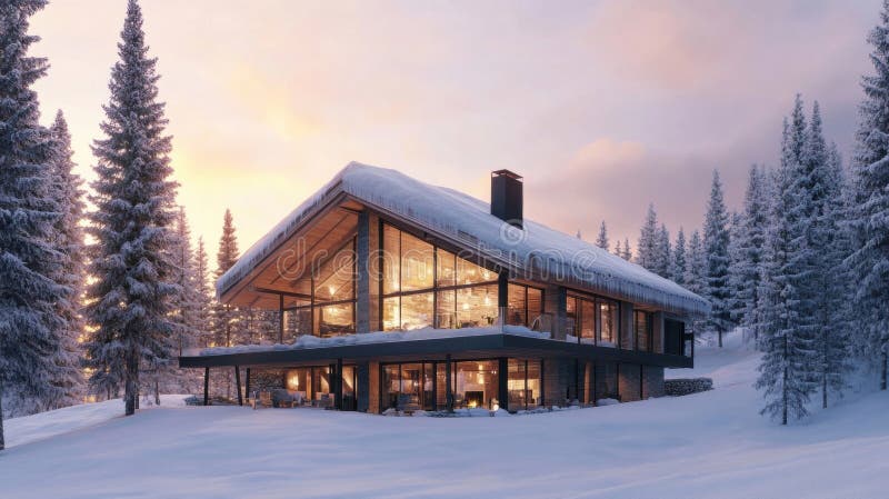 Snowy Mountain Lodge Surrounded by Pine Trees Stock Illustration ...