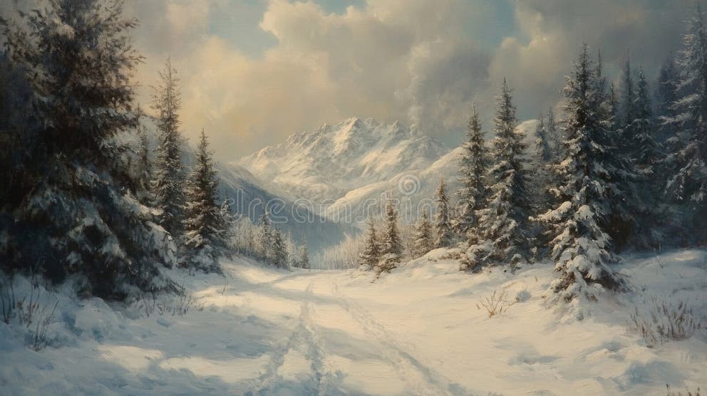 Snowy Mountain Path Winter Landscape Scene Stock Illustration ...