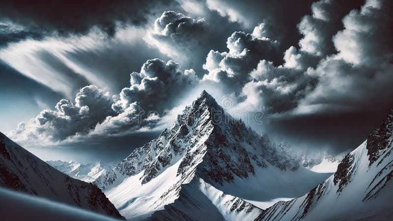Snowy Mountain Peak with Dramatic Storm Clouds Gathering Stock ...
